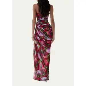 Carolina Herrera Strapless Floral Silk Chiffon Draped Slit Gown - Cranberry Multi