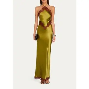 Retrofete Everly Lace-trim Satin Halter Dress - Basil/cigar