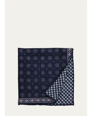 Brunello Cucinelli Double-face Geometric-check Silk Pocket Square Navy