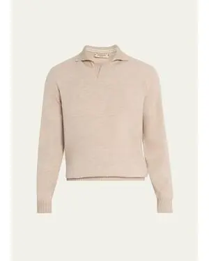 Fioroni Duvet Cashmere Johnny-collar Long-sleeve Polo Shirt - Tan