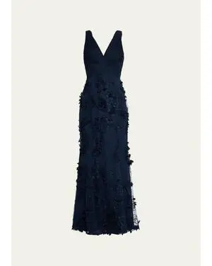 Aidan Mattox Embroidered Floral Applique Gown
