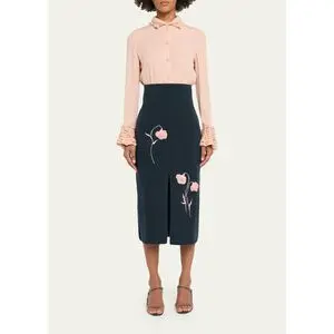 Erdem Embroidered Wool Knit Midi Pencil Skirt