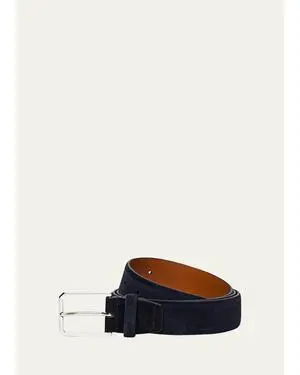 Santoni Rectangle-buckle Hand-burnished Suede Belt - Blue
