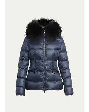Moncler Boed Hooded Shearling-trimmed Short Down Jacket - Navy