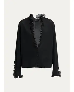 TOM FORD Silk Crepe De Chine Ruffle Plunging-neck Blouse - Black