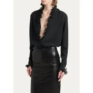 TOM FORD Silk Crepe De Chine Ruffle Plunging-neck Blouse
