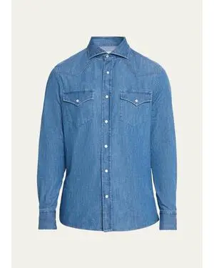 Brunello Cucinelli Denim Flap-pocket Western Sport Shirt - Blue