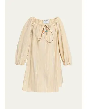 Bernadette Tie-neck Striped Cotton Long-sleeve Mini Dress - Multi Stripe