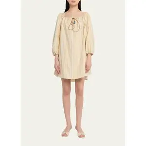 Bernadette Tie-neck Striped Cotton Long-sleeve Mini Dress - Multi Stripe