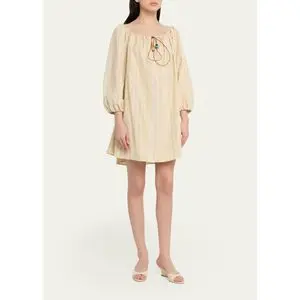 Bernadette Tie-neck Striped Cotton Long-sleeve Mini Dress - Multi Stripe