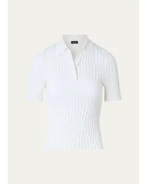 Akris Zigzag Rib Knit Short-sleeve Polo Sweater
