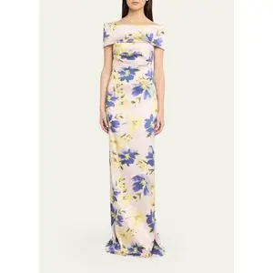 Rickie Freeman For Teri Jon Floral-print Mikado Column Gown