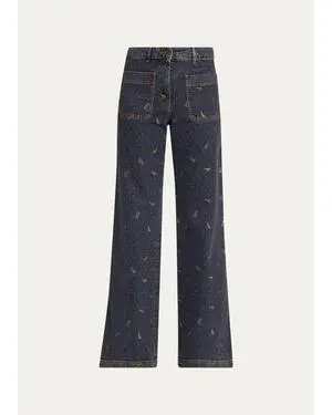 Etro Patch Pocket Polka-dot Denim Wide-leg Jeans