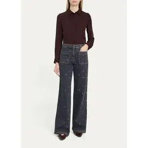 Etro Patch Pocket Polka-dot Denim Wide-leg Jeans
