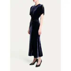 Victoria Beckham Bela Ruched Velvet Midi Dress
