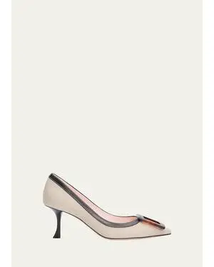 ROGER VIVIER 65mm Viv In The City Canvas And Leather Buckle Pumps - Neutral Pattern