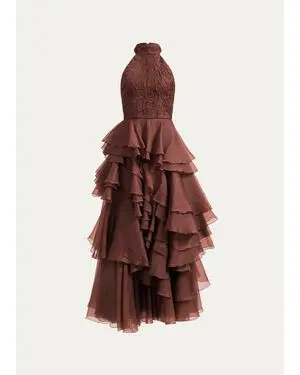 Aje Fayette Strapless Asymmetric Tiered-ruffle Gown - Dark Chocolate
