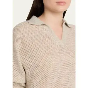 Brunello Cucinelli Shimmering Mohair Net Knit Polo Sweater