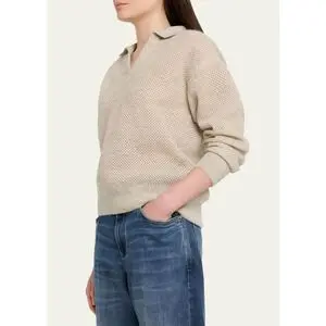 Brunello Cucinelli Shimmering Mohair Net Knit Polo Sweater