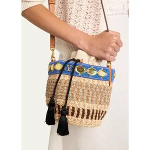Valentino Garavani Small Viscose Raffia Beaded Bucket Bag