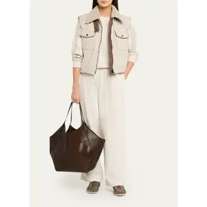 Brunello Cucinelli Lamb Shearling Collar Techno Satin Padded Vest