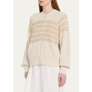 Brunello Cucinelli Sequin Striped Cotton Knit Zip-up Cardigan