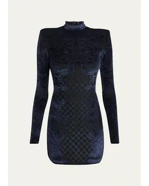 Balmain Baroque Velvet Strong-shoulder Long-sleeve Mini Dress - Black