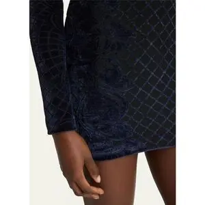 Balmain Baroque Velvet Strong-shoulder Long-sleeve Mini Dress