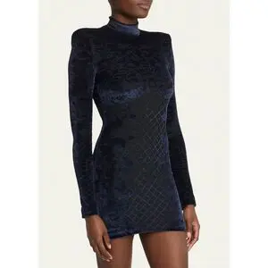 Balmain Baroque Velvet Strong-shoulder Long-sleeve Mini Dress