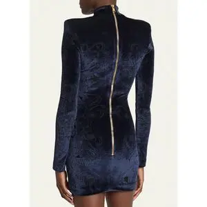 Balmain Baroque Velvet Strong-shoulder Long-sleeve Mini Dress