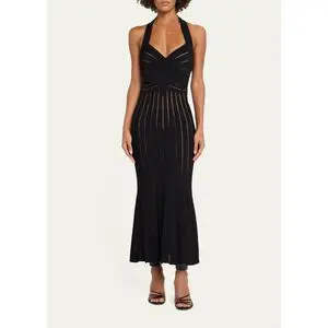 Balmain Crisscross Halter Fléchage Knit Midi Dress