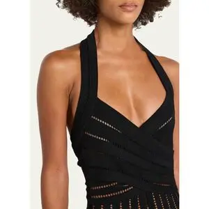 Balmain Crisscross Halter Fléchage Knit Midi Dress