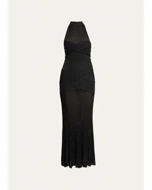 Balmain Glittered Crisscross Semi-sheer Halter Dress - Black