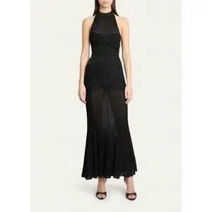Balmain Glittered Crisscross Semi-sheer Halter Dress