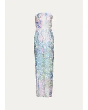 Pamella Roland Strapless Printed Sequin Column Gown