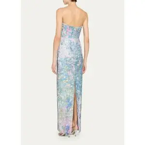 Pamella Roland Strapless Printed Sequin Column Gown