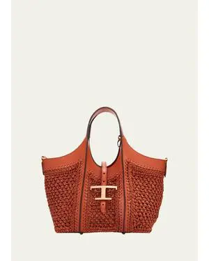 TOD'S Small T Timeless Raffia & Leather Shopping Bag
