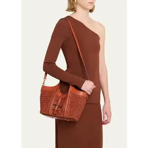 TOD'S Small T Timeless Raffia & Leather Shopping Bag
