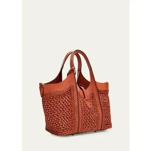 TOD'S Small T Timeless Raffia & Leather Shopping Bag