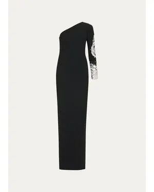 Pamella Roland One-shoulder Beaded Crepe Column Gown - Black/silver