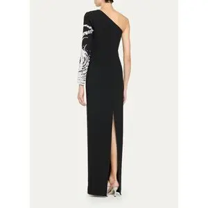 Pamella Roland One-shoulder Beaded Crepe Column Gown