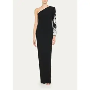Pamella Roland One-shoulder Beaded Crepe Column Gown