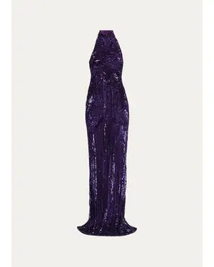 Pamella Roland Wave Beaded Halter Column Gown