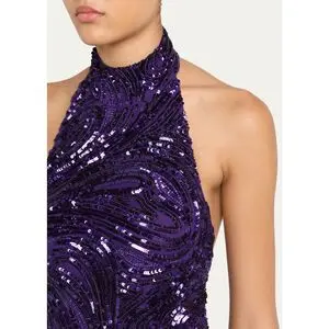 Pamella Roland Wave Beaded Halter Column Gown