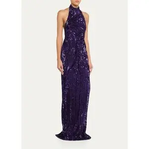 Pamella Roland Wave Beaded Halter Column Gown