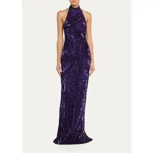Pamella Roland Wave Beaded Halter Column Gown
