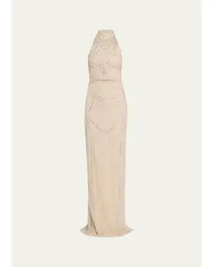 Pamella Roland Embroidered Tulle Halter Gown - Silver