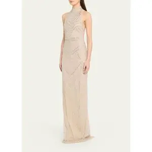 Pamella Roland Embroidered Tulle Halter Gown