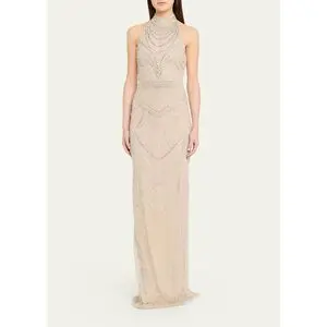 Pamella Roland Embroidered Tulle Halter Gown