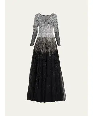 Pamella Roland Ombre Embroidered Tulle Long-sleeve Gown - Black Multi